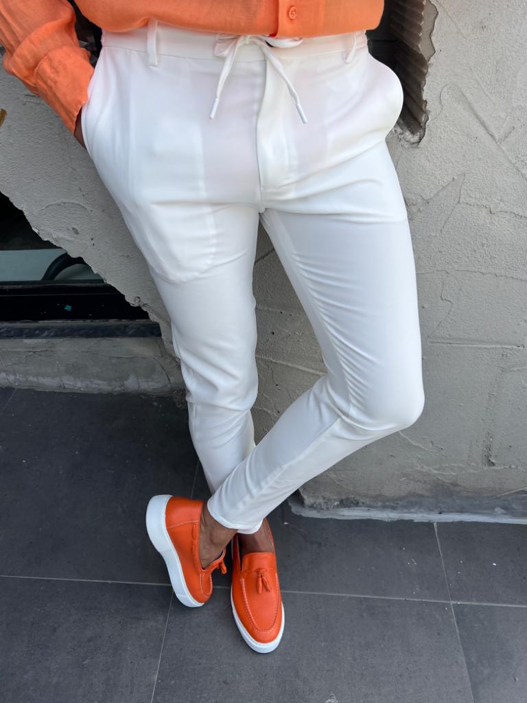 White slim waist rope detail jogger pants – Afloir